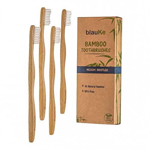 Bamboo Toothbrushes Medium Bristles 4-Pack – Biodegradable, Sustainable, Compostable, Natural, Eco Friendly Wood Toothbrush Set – BlauKe®