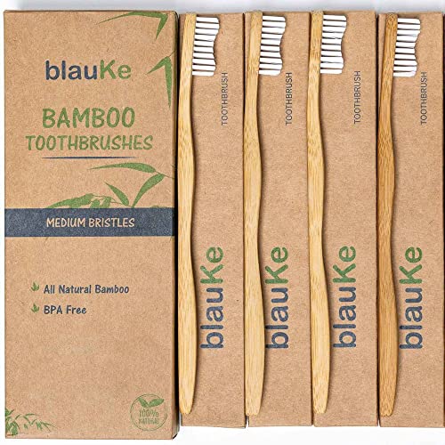 Bamboo Toothbrushes Medium Bristles 4-Pack – Biodegradable, Sustainable, Compostable, Natural, Eco Friendly Wood Toothbrush Set – BlauKe®