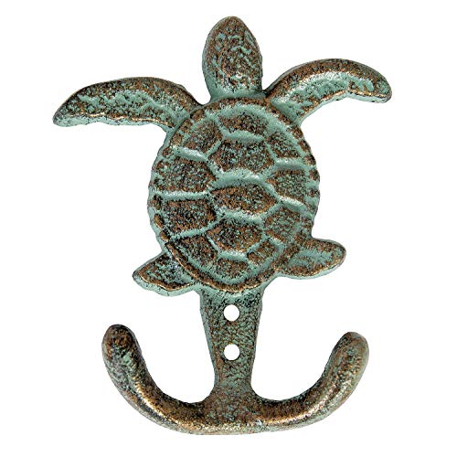 Nauti Cast Iron Sea Turtle Double Hook Bronze with Green Verdigris Patina Great Gift 3.5" W X 4.5" H 6744