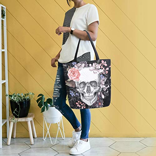 Naanle Day of The Dead Canvas Tote Bag Large Women Casual Shoulder Bag Handbag, Floral Skull Reusable Multipurpose Heavy Duty Shopping Grocery Cotton Bag for Outdoors.