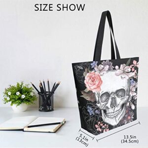 Naanle Day of The Dead Canvas Tote Bag Large Women Casual Shoulder Bag Handbag, Floral Skull Reusable Multipurpose Heavy Duty Shopping Grocery Cotton Bag for Outdoors.