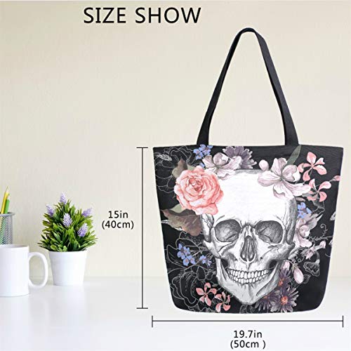 Naanle Day of The Dead Canvas Tote Bag Large Women Casual Shoulder Bag Handbag, Floral Skull Reusable Multipurpose Heavy Duty Shopping Grocery Cotton Bag for Outdoors.