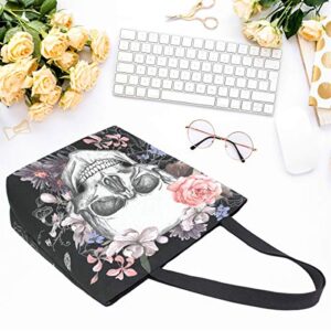 Naanle Day of The Dead Canvas Tote Bag Large Women Casual Shoulder Bag Handbag, Floral Skull Reusable Multipurpose Heavy Duty Shopping Grocery Cotton Bag for Outdoors.