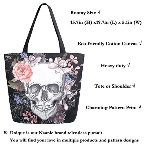 Naanle Day of The Dead Canvas Tote Bag Large Women Casual Shoulder Bag Handbag, Floral Skull Reusable Multipurpose Heavy Duty Shopping Grocery Cotton Bag for Outdoors.