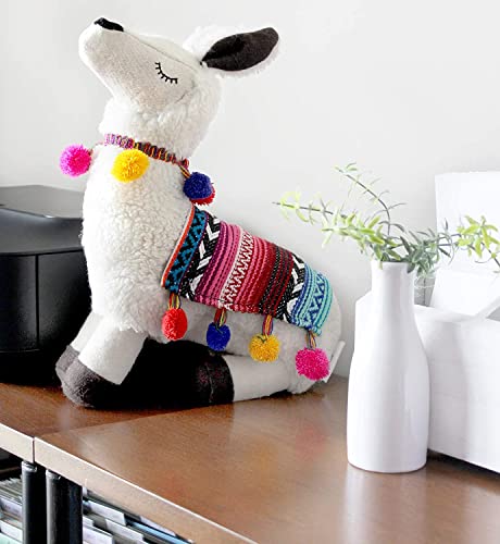 Decorae Plush Llama with Blanket and Pom-Poms, Stuffed Llama Shaped Decorative Pillow