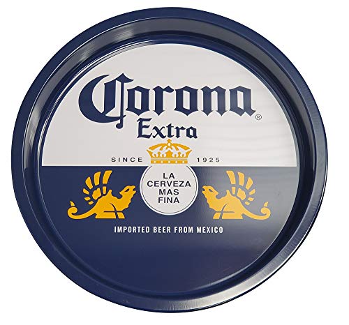 The Tin Box Company Corona Large Round Beverage Tray, Blue and White