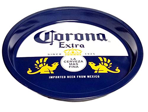 The Tin Box Company Corona Large Round Beverage Tray, Blue and White