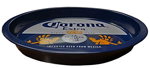 The Tin Box Company Corona Large Round Beverage Tray, Blue and White