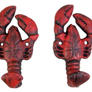 Primitive Cast Red Lobster Wall Hooks, 5 1/2 Inches, Set of 2