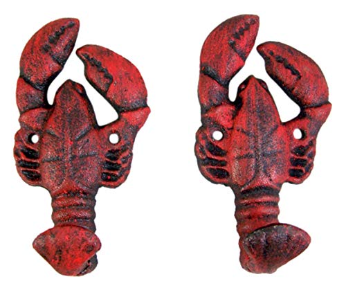 Primitive Cast Red Lobster Wall Hooks, 5 1/2 Inches, Set of 2