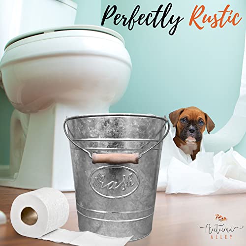 Autumn Alley Farmhouse Bathroom Trash Can - Rustic Galvanized Trash Can Bucket with Wooden Handle for Rustic Bathroom, Farmhouse Kitchen, Country Home Décor, 7 Liters, Galvanized Grey