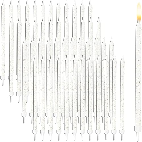 White Gold Glitter Long Thin Birthday Cake Candles in Holders (5 in., 48 Pack)