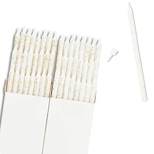 White Gold Glitter Long Thin Birthday Cake Candles in Holders (5 in., 48 Pack)