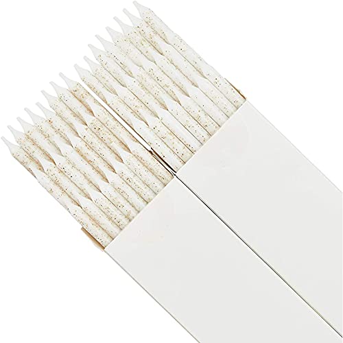 White Gold Glitter Long Thin Birthday Cake Candles in Holders (5 in., 48 Pack)