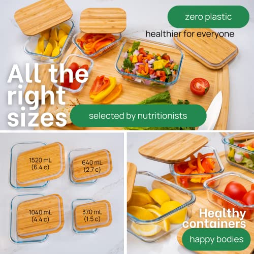 Glass Food Storage Containers with Lids (Bamboo) - 4 Piece Value Set - The Most Ecofriendly Glass Containers for Food Storage with Lids - Airtight, Glass Meal Prep Containers or Glass Food Containers