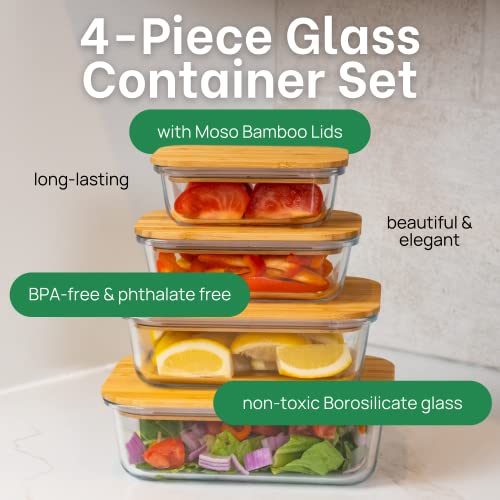 Glass Food Storage Containers with Lids (Bamboo) - 4 Piece Value Set - The Most Ecofriendly Glass Containers for Food Storage with Lids - Airtight, Glass Meal Prep Containers or Glass Food Containers