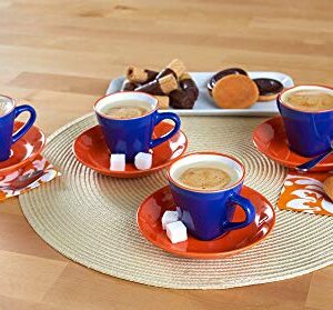 IMUSA USA Blue, 8 Piece 3oz Colorful Espresso Cups with Saucers, Orange