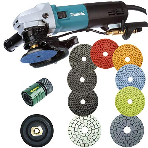 Makita 4 Inch Polisher - PW5001C Wet Polisher - 7pc set of 4" wet Marble Pads - black and white buff pads - water connector - 4" rubber backer pad- BUNDLE - 6 Items