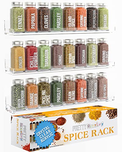 Pretty Display Spice Rack Wall Mount Crystal Clear Acrylic Spice Rack Organizer [3 Pack] Strong & Secure Shelf Design with Front & Ends -Easy to Install- 15” Customizable Wall Mounted Spice Shelves