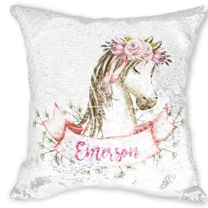 Girls Love A Monogram - Personal Reversible Silver Sequin Pillow - Boho Horse Custom Pillow - Personalized Sequin Horse Pillow - Girl Horse Bedding - Reversible Personalize Sequin Horse Pillow