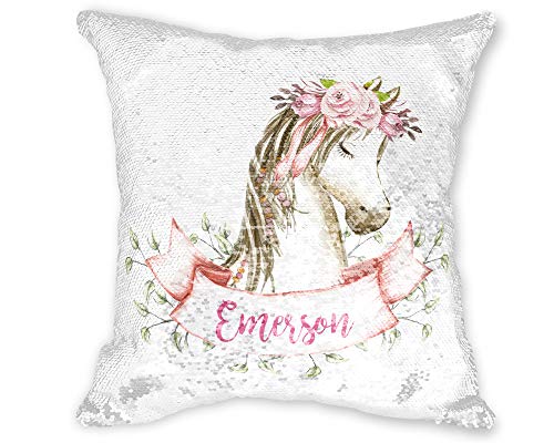 Girls Love A Monogram - Personal Reversible Silver Sequin Pillow - Boho Horse Custom Pillow - Personalized Sequin Horse Pillow - Girl Horse Bedding - Reversible Personalize Sequin Horse Pillow