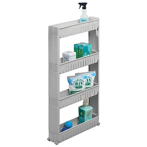 mDesign Portable Slim Plastic Rolling Laundry Utility Cart, Storage Organizer Trolley - Easy-Glide Wheels and 4 Heavy-Duty Shelves, for Laundry, Utility Room, Kitchen or Pantry Storage - Gray