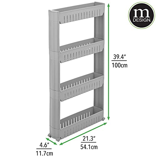 mDesign Portable Slim Plastic Rolling Laundry Utility Cart, Storage Organizer Trolley - Easy-Glide Wheels and 4 Heavy-Duty Shelves, for Laundry, Utility Room, Kitchen or Pantry Storage - Gray