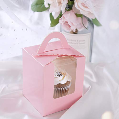 EUSOAR Cupcake Boxes Carriers, 50pcs Pink Single Individual Cupcake Boxes Holders Containers, Portable Paper Muffin Gift Boxes with Window Inserts Handle, for Wedding Birthday Party Treats Boxes