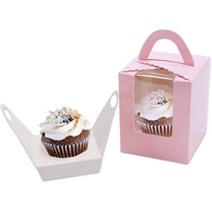 EUSOAR Cupcake Boxes Carriers, 50pcs Pink Single Individual Cupcake Boxes Holders Containers, Portable Paper Muffin Gift Boxes with Window Inserts Handle, for Wedding Birthday Party Treats Boxes