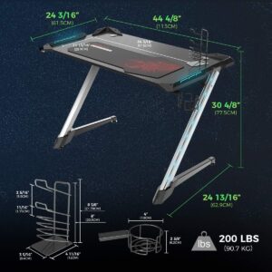 EUREKA ERGONOMIC Z1S PRO Gaming Computer Desk RGB LED Lights 44.5 inch Z Shaped Home Office PC Gaming Desks Table with Cup Holder Headset Hook & Mouse Pad, Sliver