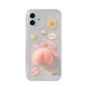 bontoujour phone case for iphone 14 pro max, funny novelty waving 3d squeezable peach butt piggy pattern happy pig case transparent soft tpu silicone rubber case help relax