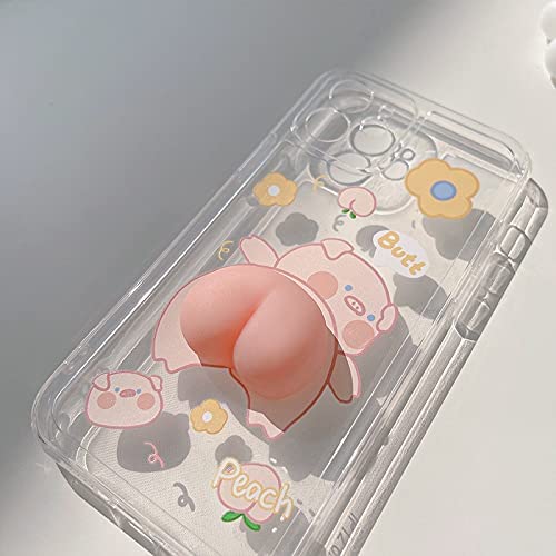 BONTOUJOUR Phone Case for iPhone 14 Pro Max, Funny Novelty Waving 3D Squeezable Peach Butt Piggy Pattern Happy Pig Case Transparent Soft TPU Silicone Rubber Case Help Relax