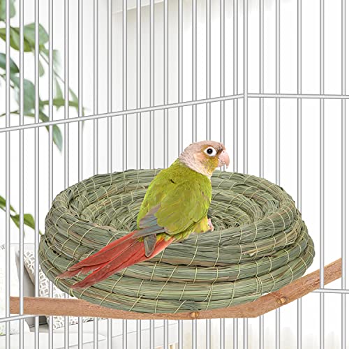 Handwoven Straw Hatching Breeding Cave Bird Nesting Box Flat Base Grass Nest for Parrot Macaw African Greys Budgies Hamster Gerbil Chinchillas Bed House (L)