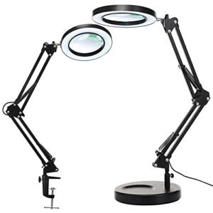 10x magnifying glass with light and stand, kirkas 2-in-1 stepless dimmable led magnifying desk lamp with clamp, 3 color modes lighted magnifier swivel arm light for reading, craft, close works -black