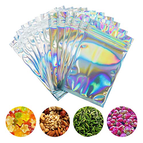 HAPPY COASTER CARDS 100 Pieces Smell Proof Bags - 3x5 Inches Resealable Mylar Bags Clear Zip Lock Food Candy Storage Bags Holographic Rainbow Color