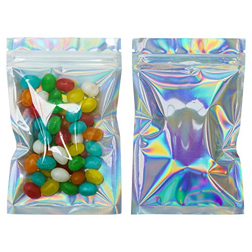 HAPPY COASTER CARDS 100 Pieces Smell Proof Bags - 3x5 Inches Resealable Mylar Bags Clear Zip Lock Food Candy Storage Bags Holographic Rainbow Color