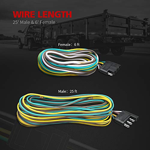 MICTUNING Trailer Wiring Harness Extension Kit - 4 Pin 25 Feet Male and 6 Feet Female Connector, 18 AWG Color Coded 4-Way Flat Wires for Under or Over 80 Inches Wide Trailers