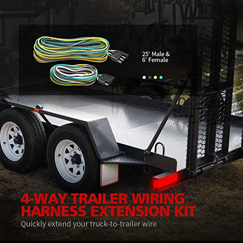 MICTUNING Trailer Wiring Harness Extension Kit - 4 Pin 25 Feet Male and 6 Feet Female Connector, 18 AWG Color Coded 4-Way Flat Wires for Under or Over 80 Inches Wide Trailers