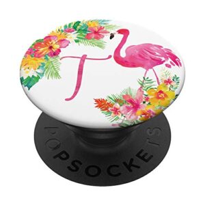 flamingo tropical hot pink monogram name initial letter t popsockets popgrip: swappable grip for phones & tablets