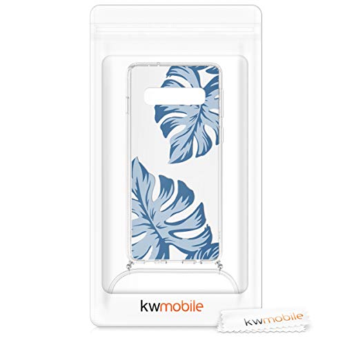 kwmobile Crossbody Case Compatible with Samsung Galaxy S10 Case Strap - Tropical Leaves Light Blue/Dark Blue/Transparent