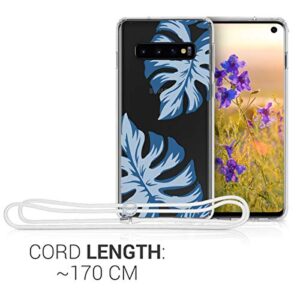 kwmobile Crossbody Case Compatible with Samsung Galaxy S10 Case Strap - Tropical Leaves Light Blue/Dark Blue/Transparent