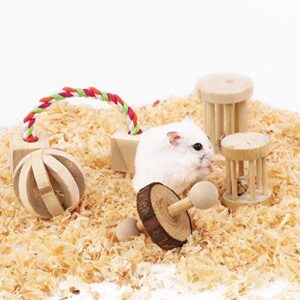 POPETPOP 5PCS Hamster Chew Toys Natural Wooden Play Toy Exercise Bell Roller Teeth Care Molar Toy for Bunny Rabbits Rats Gerbils and Other Small Animals