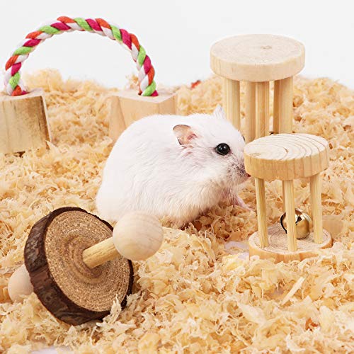 POPETPOP 5PCS Hamster Chew Toys Natural Wooden Play Toy Exercise Bell Roller Teeth Care Molar Toy for Bunny Rabbits Rats Gerbils and Other Small Animals