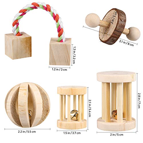 POPETPOP 5PCS Hamster Chew Toys Natural Wooden Play Toy Exercise Bell Roller Teeth Care Molar Toy for Bunny Rabbits Rats Gerbils and Other Small Animals