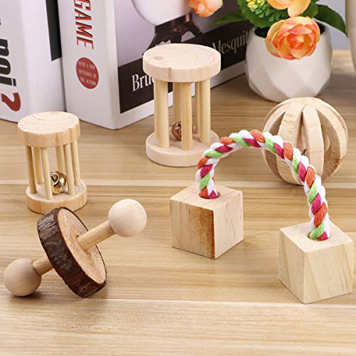 POPETPOP 5PCS Hamster Chew Toys Natural Wooden Play Toy Exercise Bell Roller Teeth Care Molar Toy for Bunny Rabbits Rats Gerbils and Other Small Animals