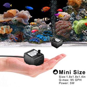 PULACO 95GPH 5W Mini Submersible Water Pump for Aquarium Fish Tank, Pond, Fountain, Hydroponics