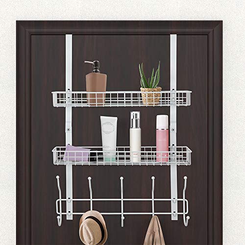 BTY Over The Door Hooks Organizer Hanger Metal Door Towel Hook Rack with 5 Hooks and 2 Baskets Door Coat Rack Storage Organizer for Bedroom Bathroom Kitchen (White)