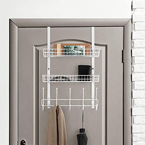 BTY Over The Door Hooks Organizer Hanger Metal Door Towel Hook Rack with 5 Hooks and 2 Baskets Door Coat Rack Storage Organizer for Bedroom Bathroom Kitchen (White)