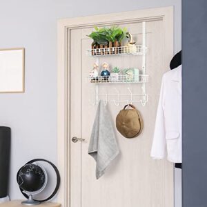 BTY Over The Door Hooks Organizer Hanger Metal Door Towel Hook Rack with 5 Hooks and 2 Baskets Door Coat Rack Storage Organizer for Bedroom Bathroom Kitchen (White)