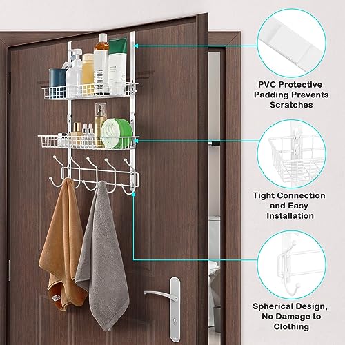 BTY Over The Door Hooks Organizer Hanger Metal Door Towel Hook Rack with 5 Hooks and 2 Baskets Door Coat Rack Storage Organizer for Bedroom Bathroom Kitchen (White)